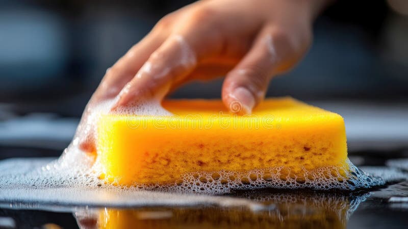 Hand Cleaning Surface with Yellow Sponge and Soap Bubbles Stock ...