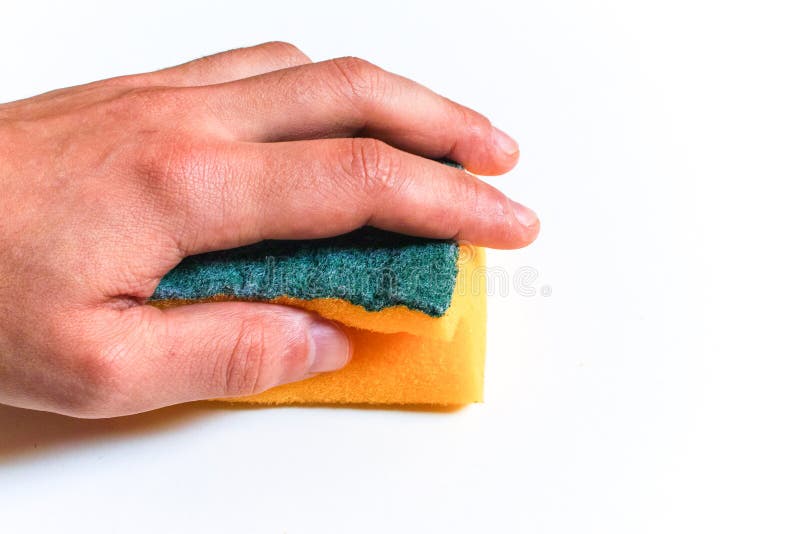 Hand Cleaning a White Surface with a Sponge. Stock Image - Image of ...