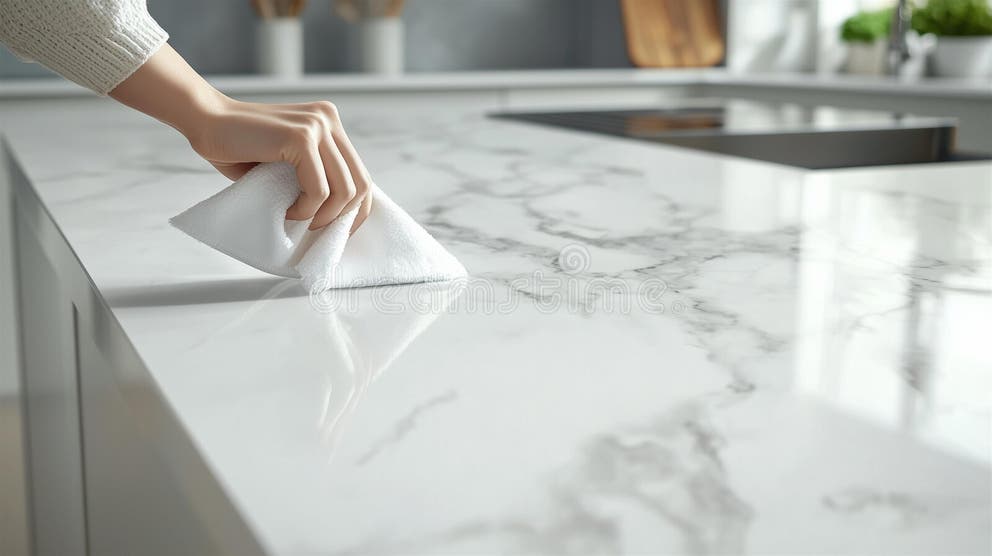 A Photorealistic Image of a Person Wiping Down a White Marble Kitchen ...