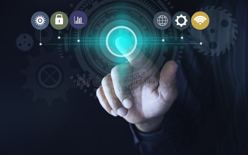 Hand Click on Virtual Touchscreen Button. Hand Pressing Modern Buttons ...