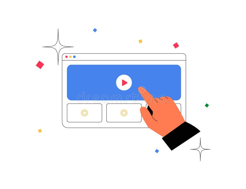 Hand Clicking Play Button on Browser in Flat Vector Illustration ...