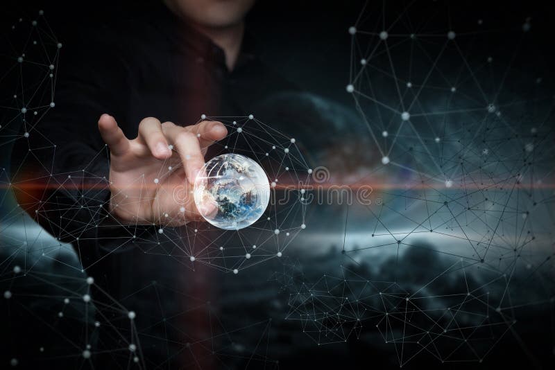 The Hand Clicks on the Globe in the Outer Space Stock Photo - Image of ...