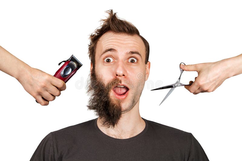 Hand With Clipper And Hand With Scissors Cut Overgrown Unshaven Guy ...