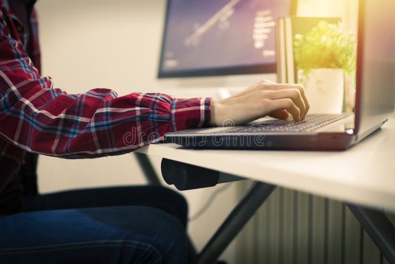 Hand closeup with computer stock photo. Image of computer - 128616474