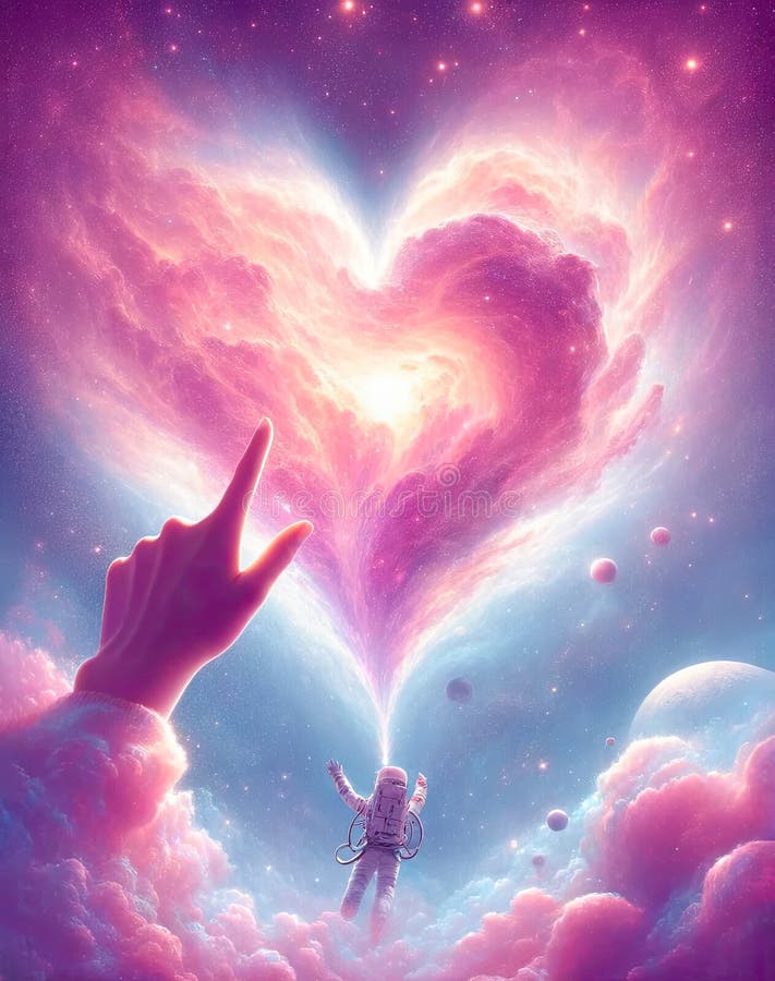 Hand from Clouds Pointing To an Astronaut and the Cosmic Heart Nebula ...