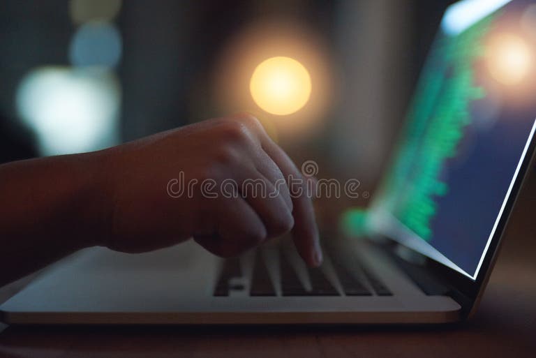 Hand, Coding and Hacker on Laptop at Night As Malware Thief for Hacking Database Software ...