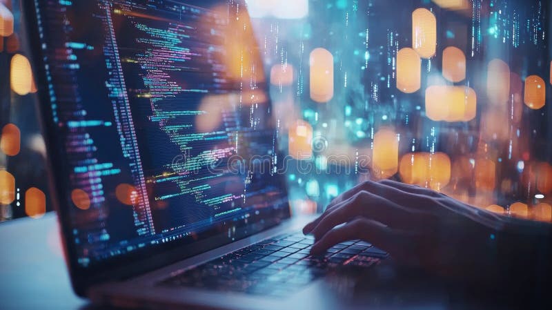 Hand Coding on a Laptop with Colorful Bokeh Lights in the Background ...