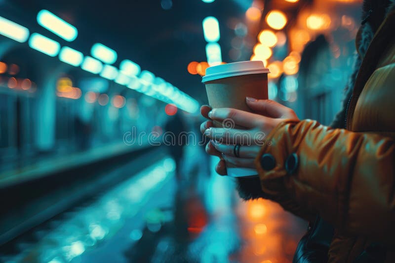 Hand with Coffee Cup in Subway Station Stock Illustration ...