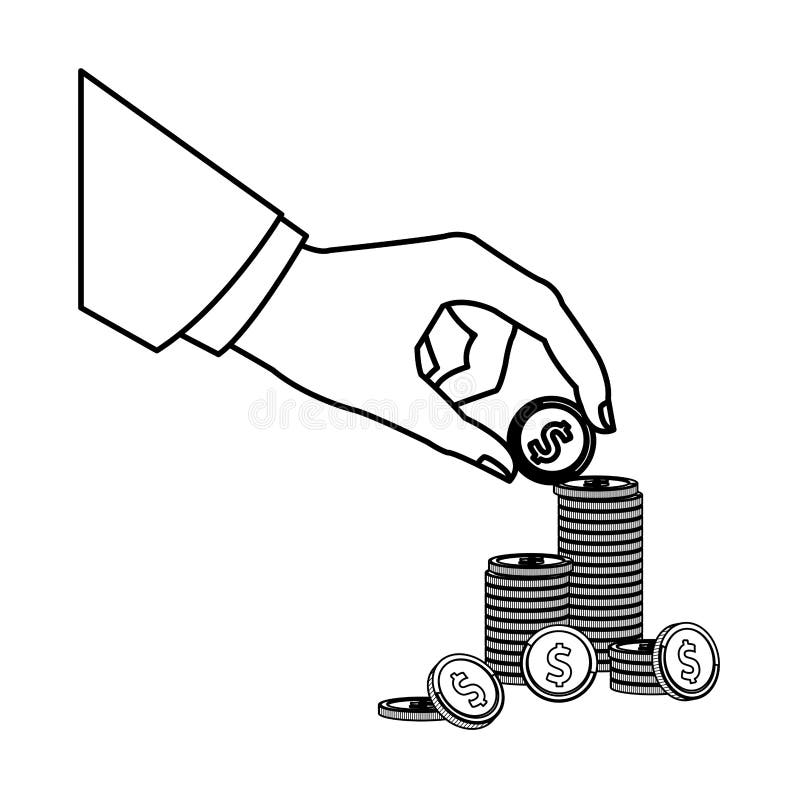 Hand with Coins Cartoon Isolated Symbol Blue Lines Stock Vector ...