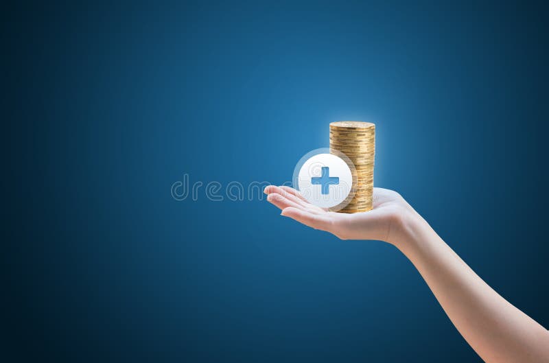 Hand Coins and the Icon with the Plus Sign Stock Image - Image of ...