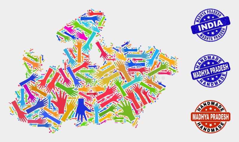 Hand Collage of Madhya Pradesh State Map and Textured Handmade Seals ...
