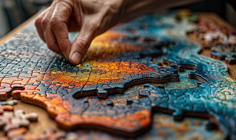 A Hand Collecting a Puzzle on a Table. Stock Image - Image of problem ...
