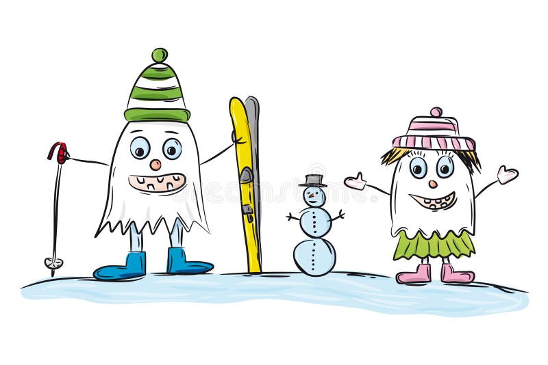 Two Hand-drawn Ghosts Go Skiing in Winter. they Have Hats on Their ...