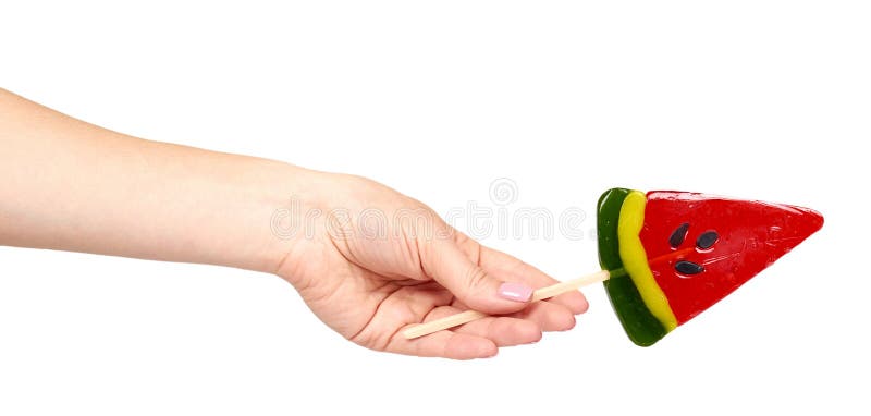 Hand with Color Lollipop, Bright Cool Candy, Watermelon Shape Stock ...