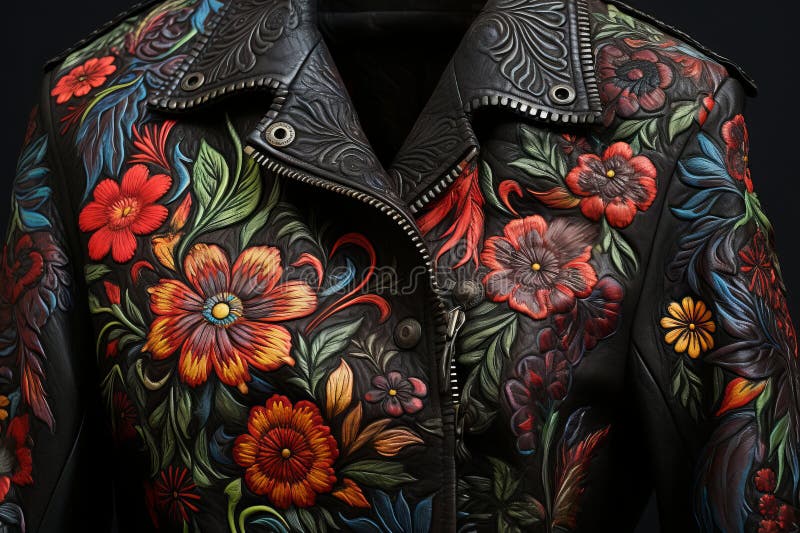 Hand Colored Embroidery on Leather Jacket, Fashion Leather Jacket Stock ...