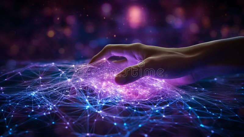 Hand Comes into Contact with the Network Stock Photo - Image of blue ...