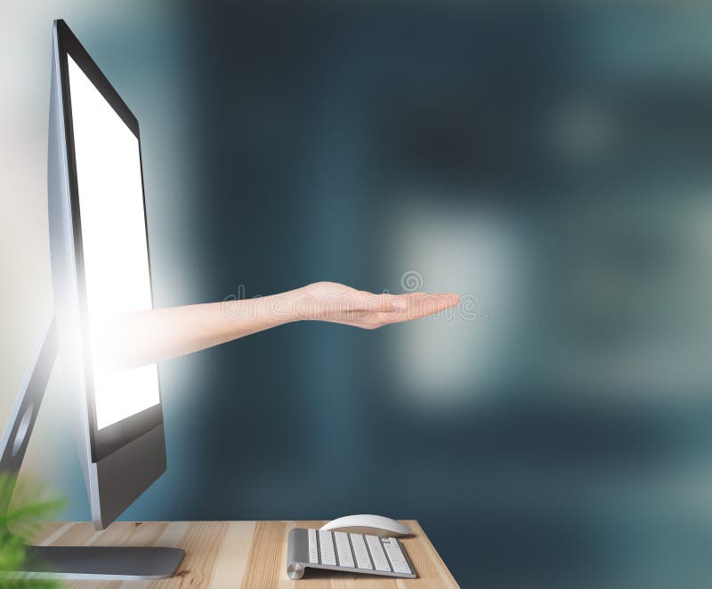 Hand comes out of computer stock illustration. Illustration of hands ...