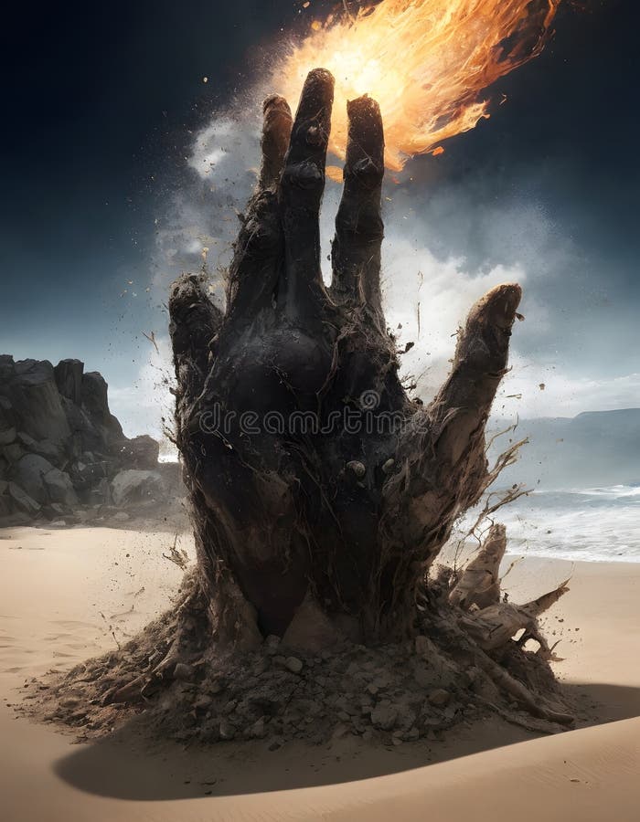 A Hand is Coming Out of the Ground on a Beach with a Flame Coming Out ...