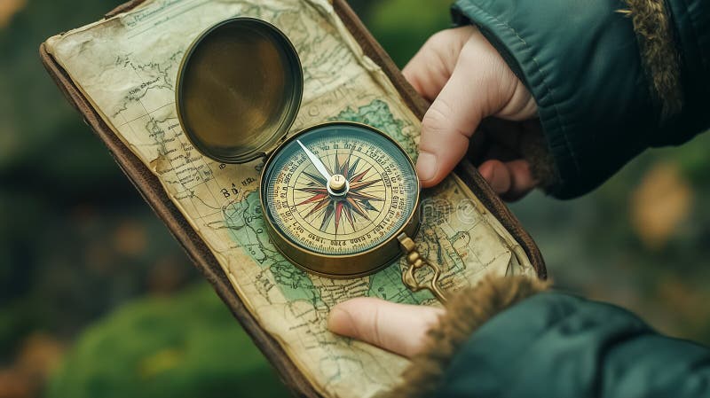 A Hand with a Compass Hovers Over an Old Map, Guiding Towards the North ...