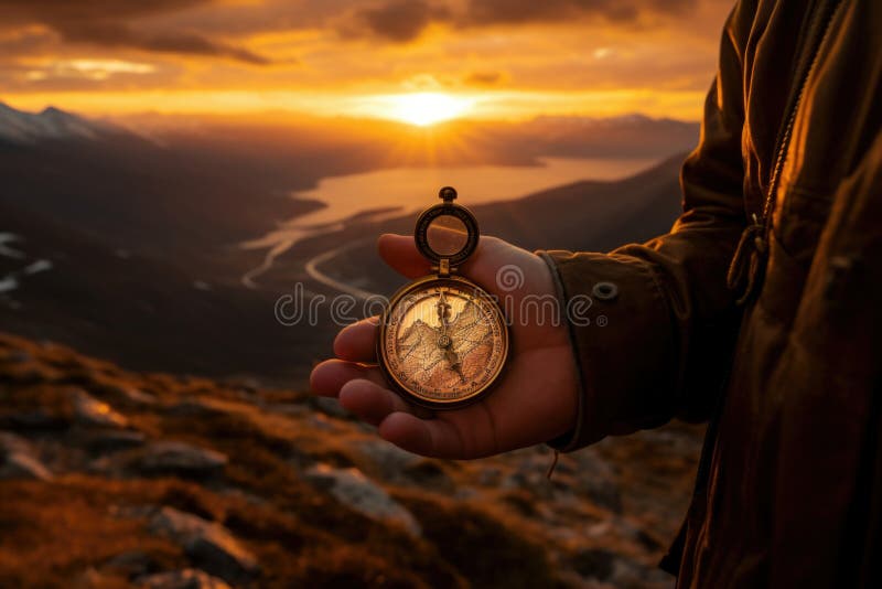Hand with Compass at Mountain Road at Sunset Sky Stock Photo - Image of ...