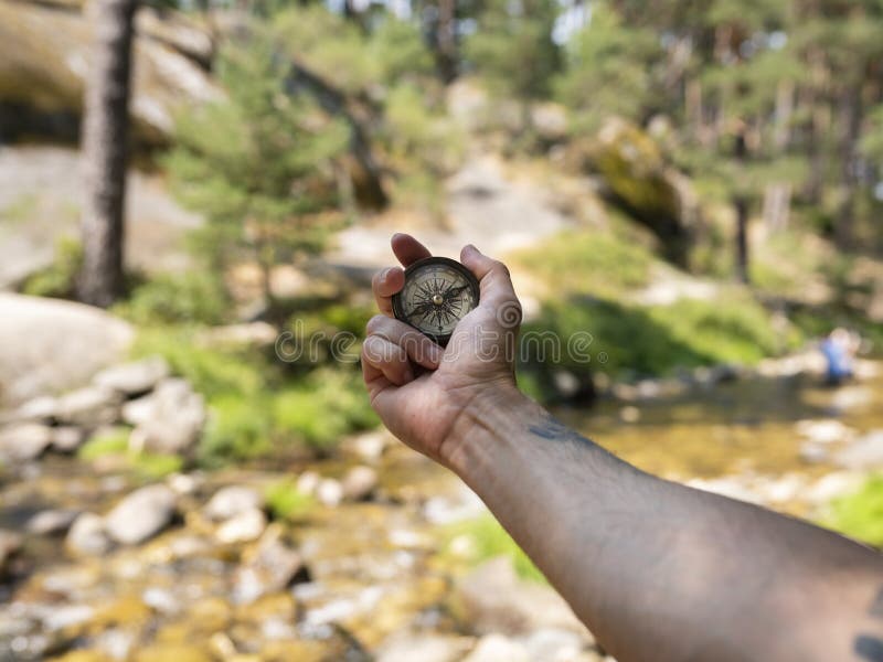 Hand with a Compass in the River Stock Image - Image of arrow ...