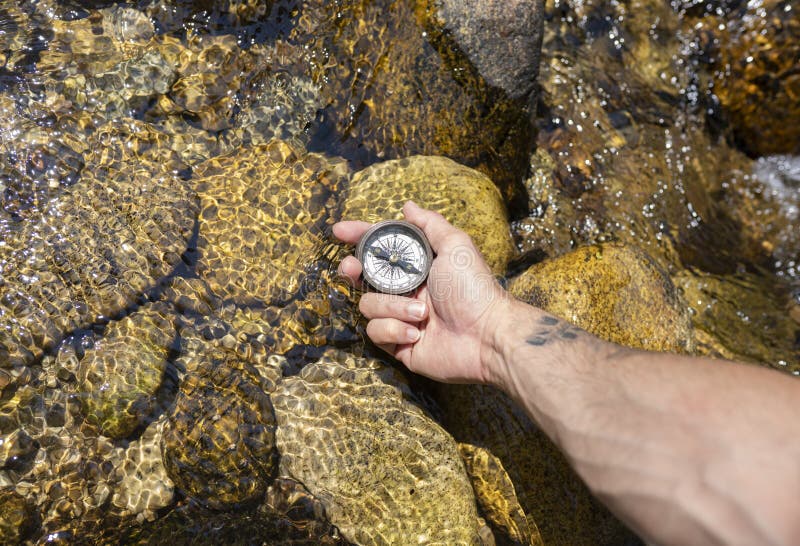 Hand with a Compass in the River Stock Photo - Image of hand, hill ...