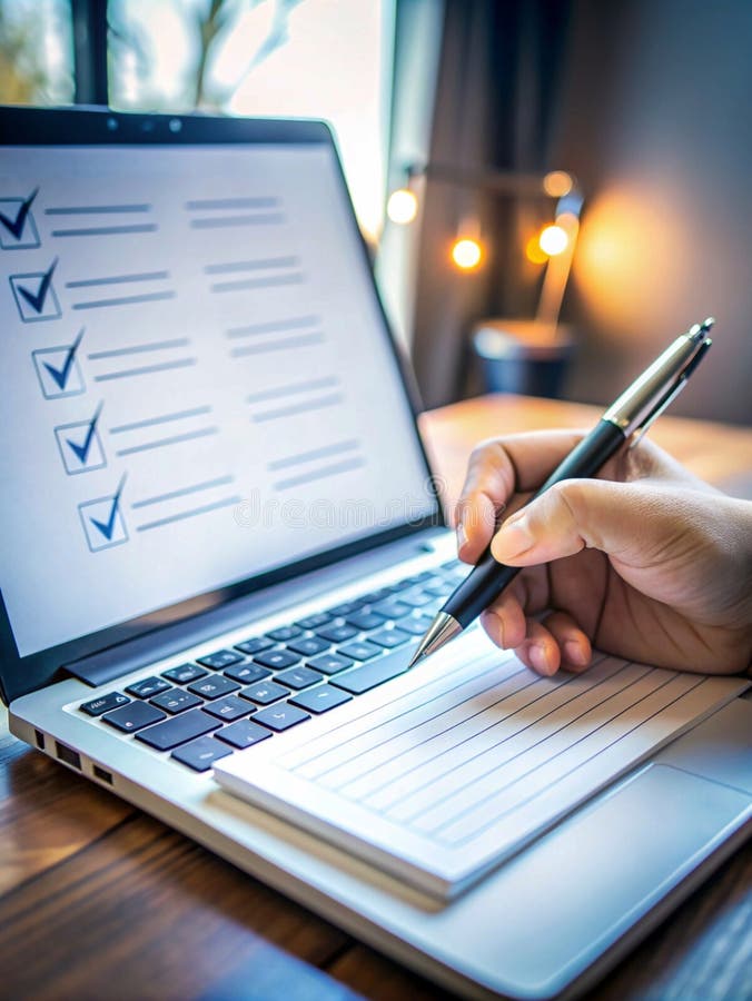 Hand Completing Checklist on Laptop Stock Photo - Image of desk ...