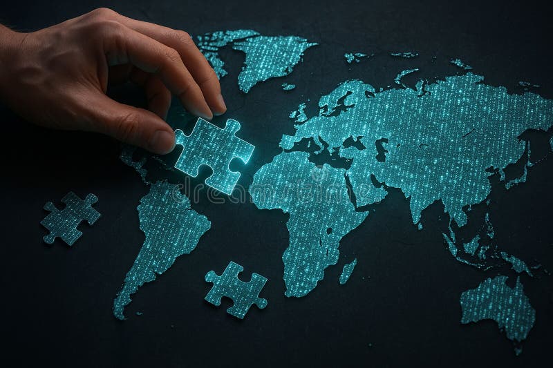 Hand Completing Digital Puzzle World Map Stock Illustration ...
