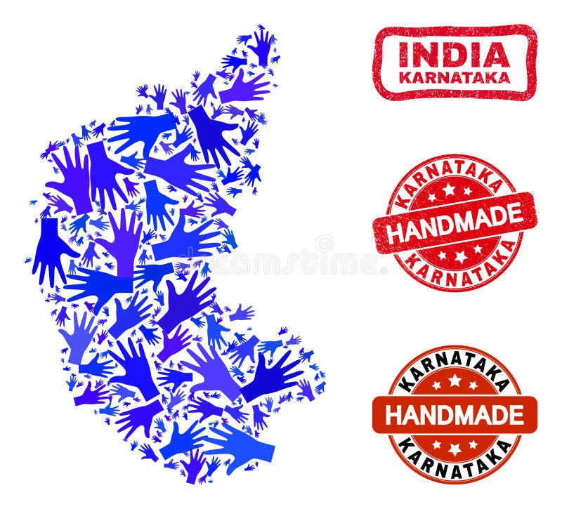 Hand Composition of Karnataka State Map and Textured Handmade Stamps ...