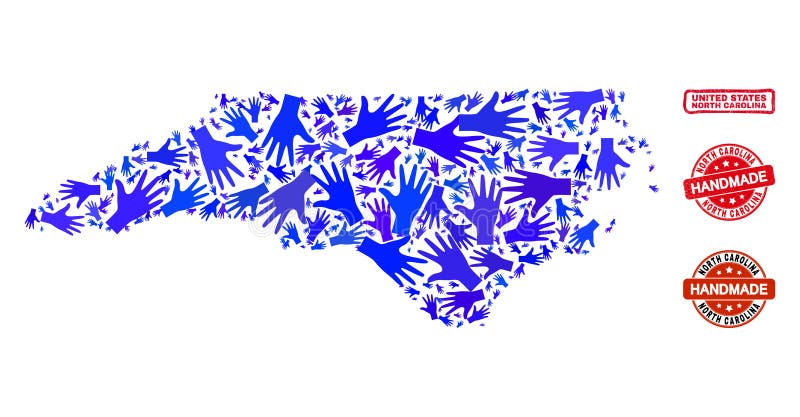 Hand Composition of North Carolina State Map and Grunge Handmade Seals ...