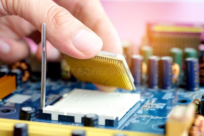 Hand of Computer Engineering Brings Computer Cpu Processor Memory Change Components into Socket ...