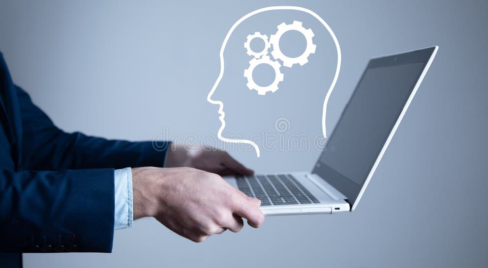 Hand Computer with Human with Gear in Head Stock Photo - Image of ...