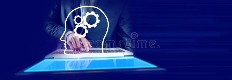 Hand Computer with Human with Gear in Head Stock Photo - Image of ...