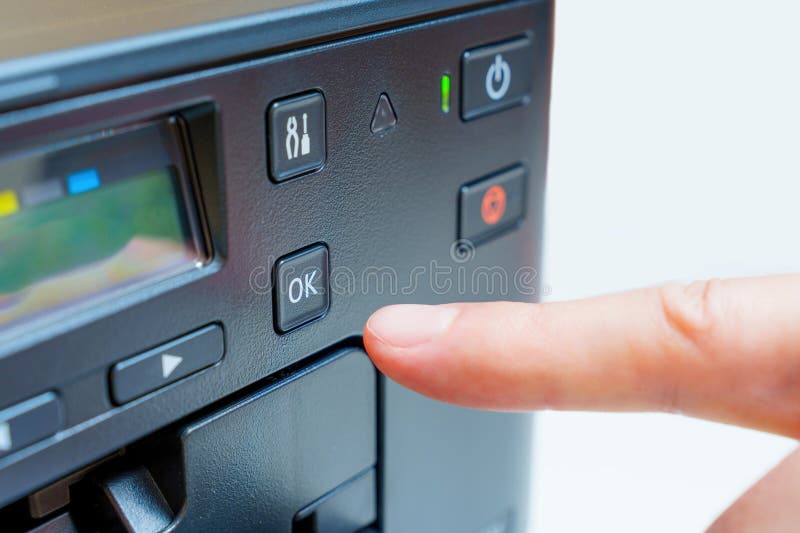 Hand Activates OK Button on Printer in Close-Up Stock Photo - Image of ...