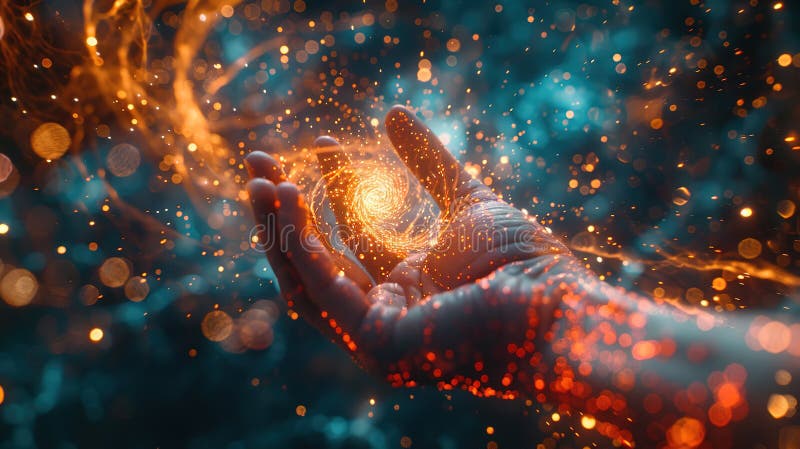 Hand Conjuring Swirl of Sparkling Light Particles Stock Illustration - Illustration of bokeh ...