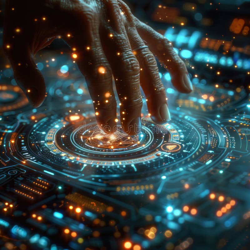 Hand Connecting with Futuristic Circuit Board Stock Photo - Image of ...