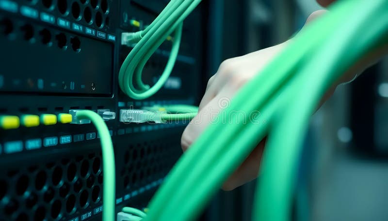 A Hand Connecting a Network Cable into a Server Rack Panel Stock ...