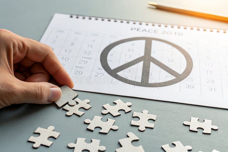 Hand Connects Puzzles of Sign of Peace. World Day of Peace Stock ...