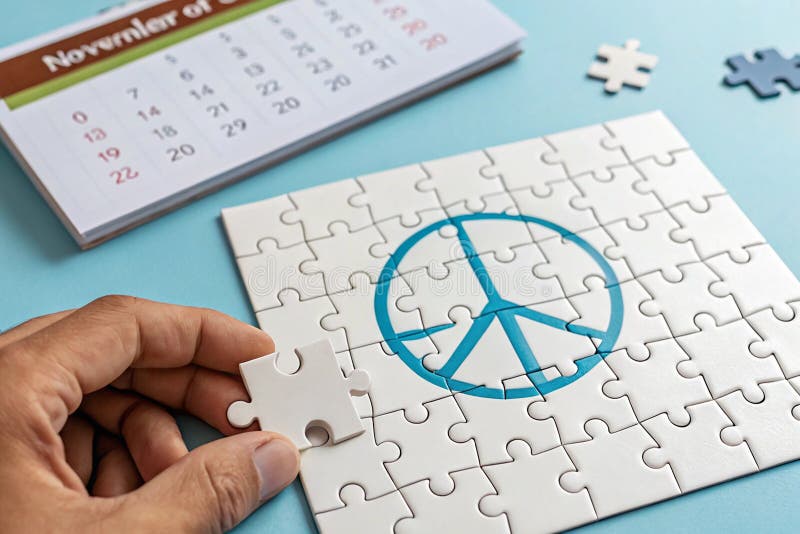 Hand Connects Puzzles of Sign of Peace. World Day of Peace Stock ...