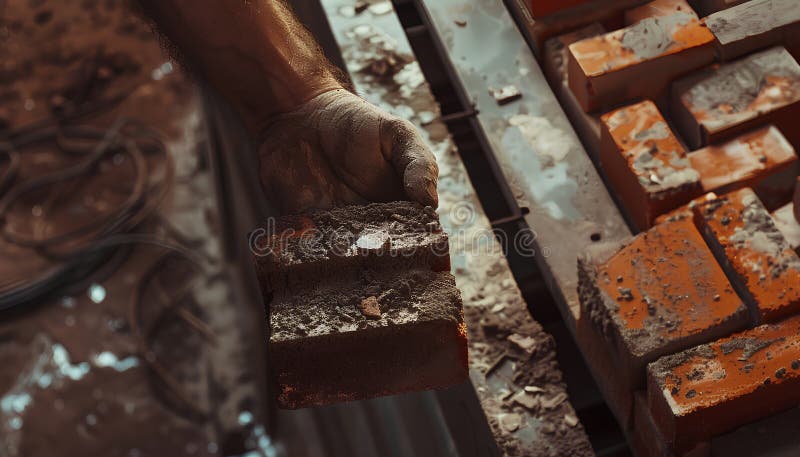 Hand of Construction Worker, Industrial Bricklayer Installing Bricks on ...