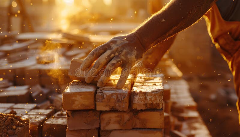 Hand of Construction Worker, Industrial Bricklayer Installing Bricks on ...