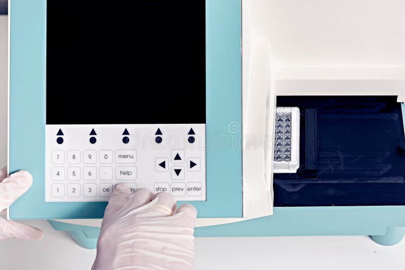 Hand at the Control Panel of a Blood Test Analisator Stock Image ...