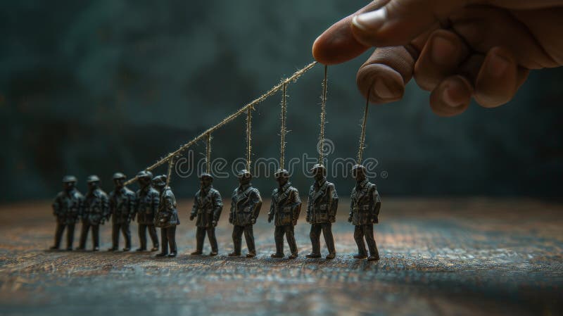 Hand Controlling Row of Puppet Figures on Strings in Symbolic Artwork ...