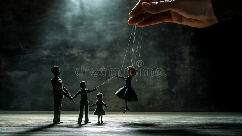 A Hand Controls a Family of Puppets with Delicate Strings, Creating a ...