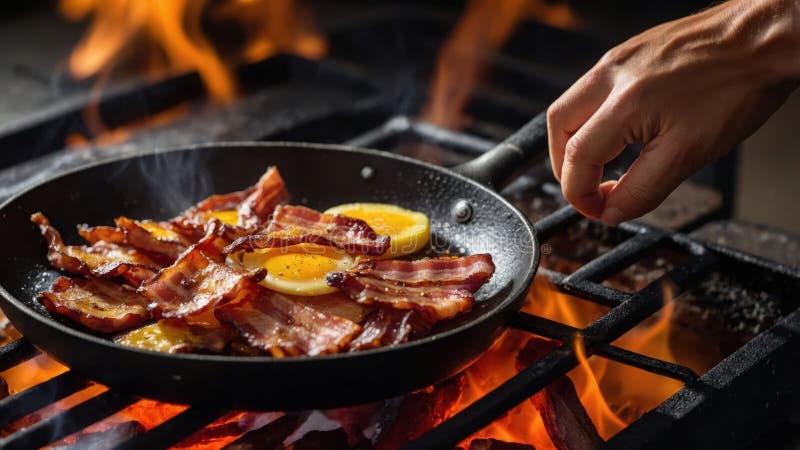 A Hand Cooks Bacon and Lemon Slices in a Skillet Over an Open Flame ...