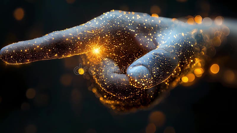 A Hand Covered with a Multitude of Golden Luminous Dots on a Dark ...