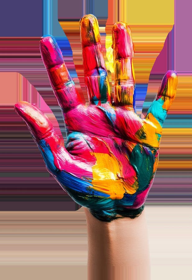 Hand Covered in Vibrant Multicolored Paint on Transparent Background ...