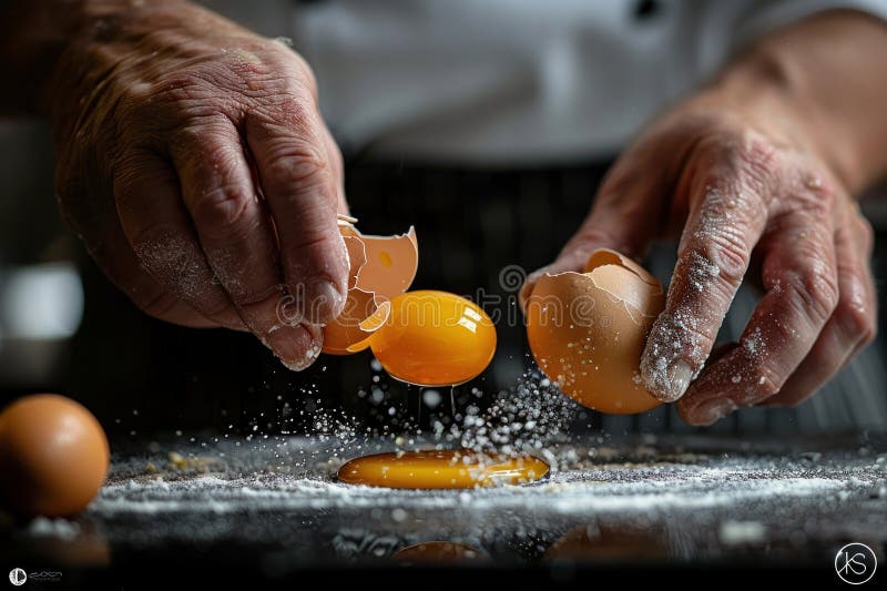 Hand Cracking an Egg on Table, Preparing Food Ingredient for Recipe ...