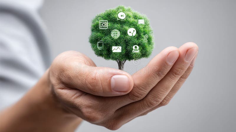 A Hand Cradles a Miniature Tree, Showcasing Digital Icons Representing ...