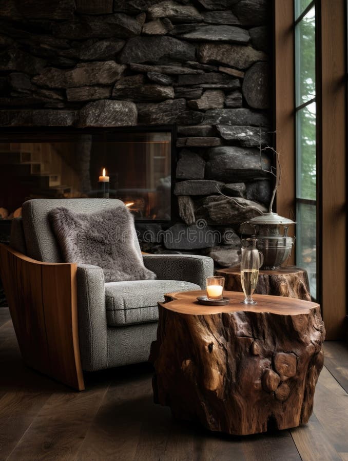 Hand-crafted Armchair and Stump Coffee Table. Rustic Interior Design of ...